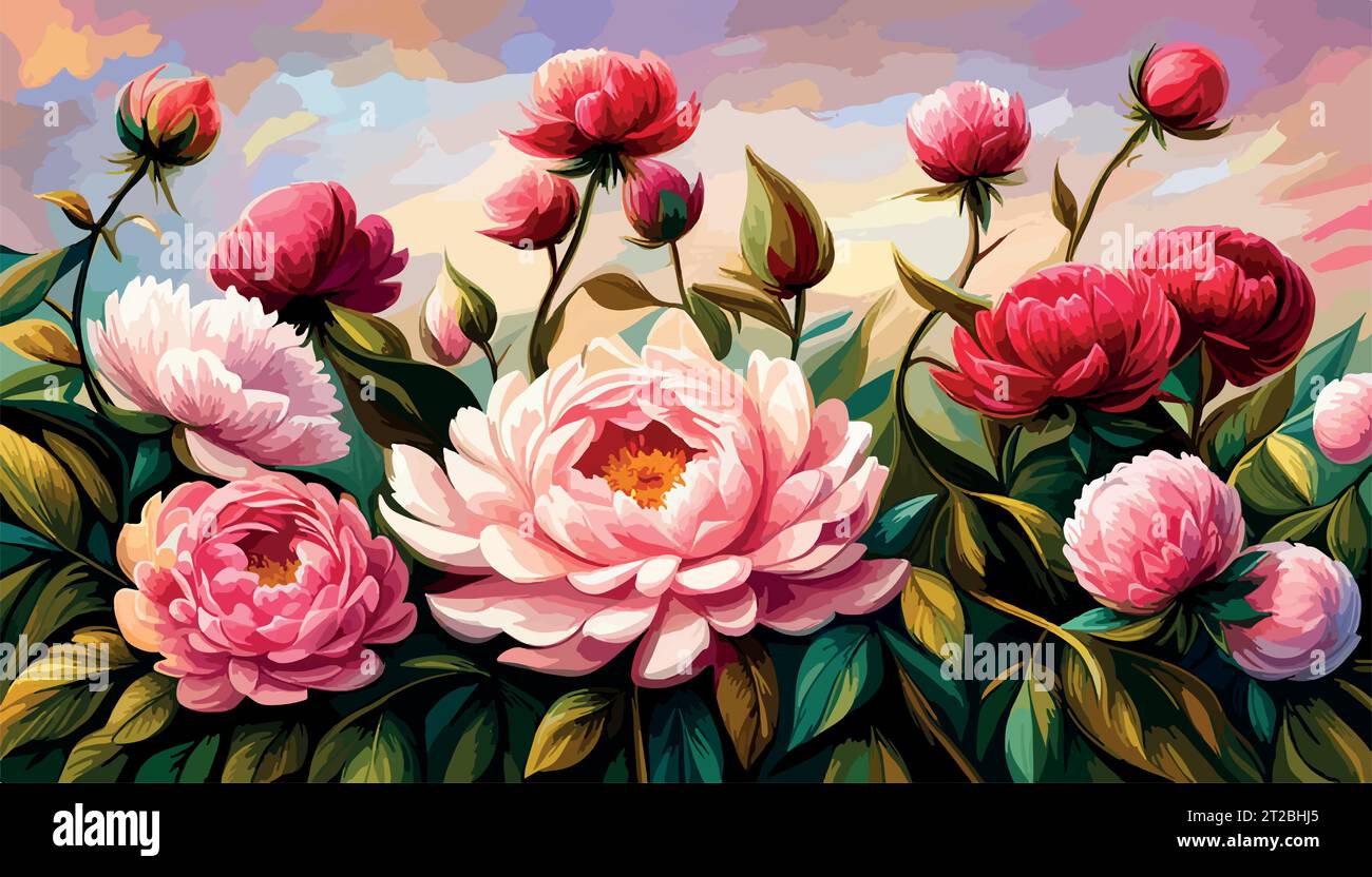 Painting with flower rose, peonies, watercolor leaves. Wallpapper ...