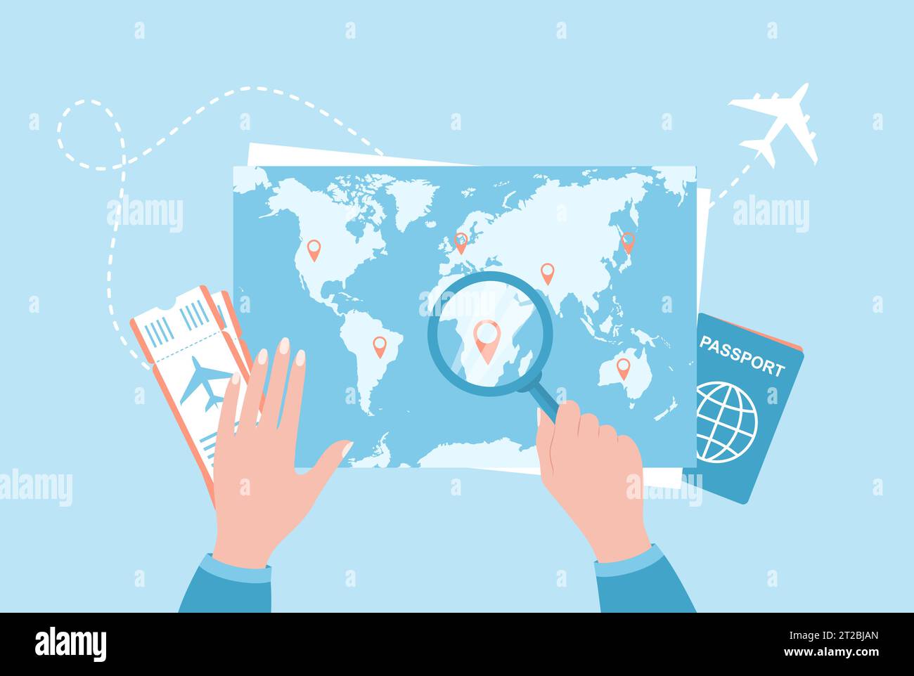 Hands On World Map With Magnifying Glass Passport And Plane Tickets