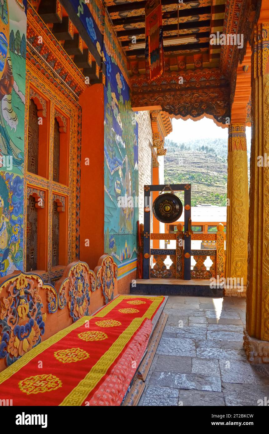 Part view of a beautiful balcony in a buddhist monastery in Himalayas ...