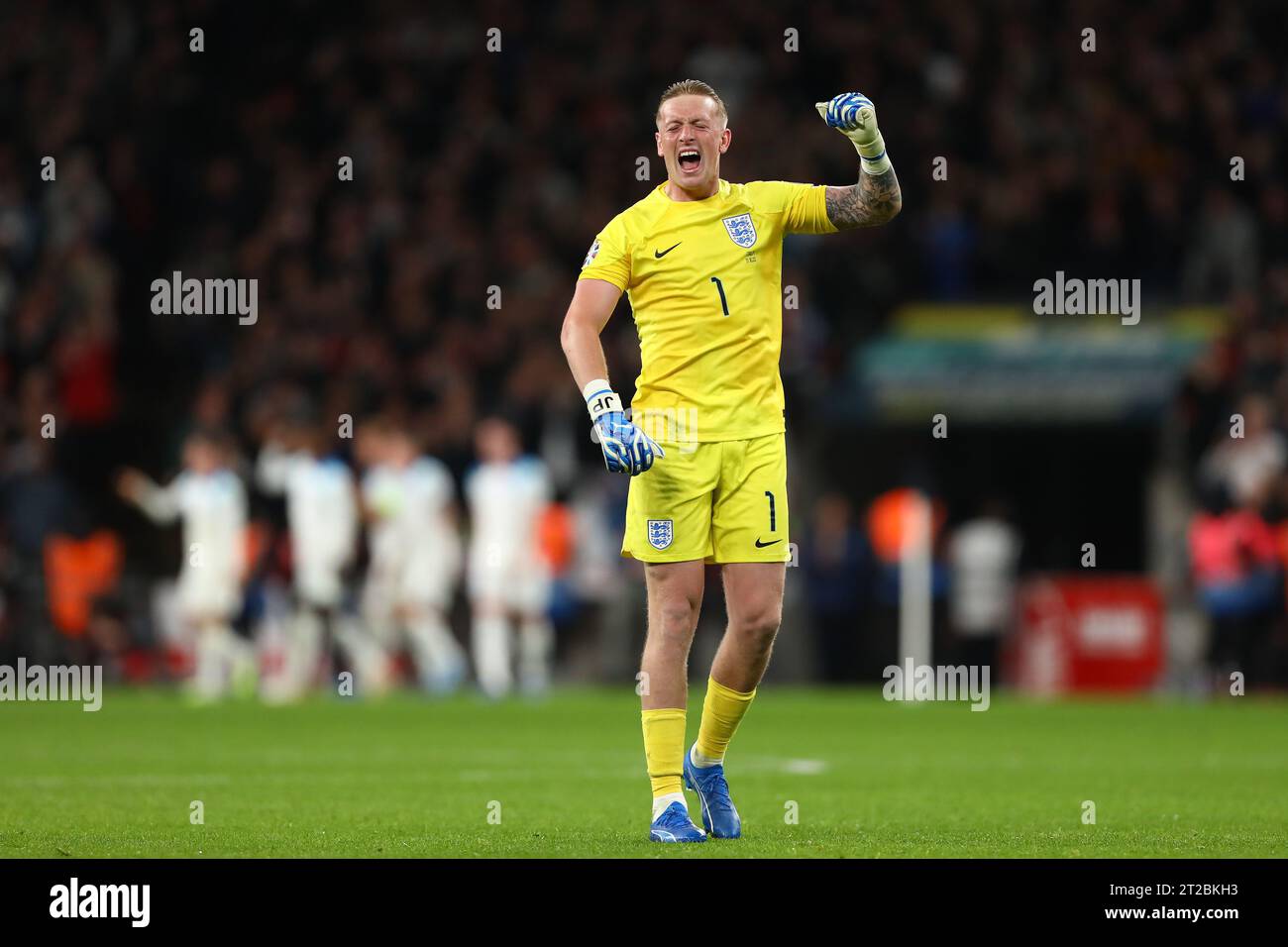 Jordan Pickford of England celebrates a goal scored bu Marcus Rashford ...