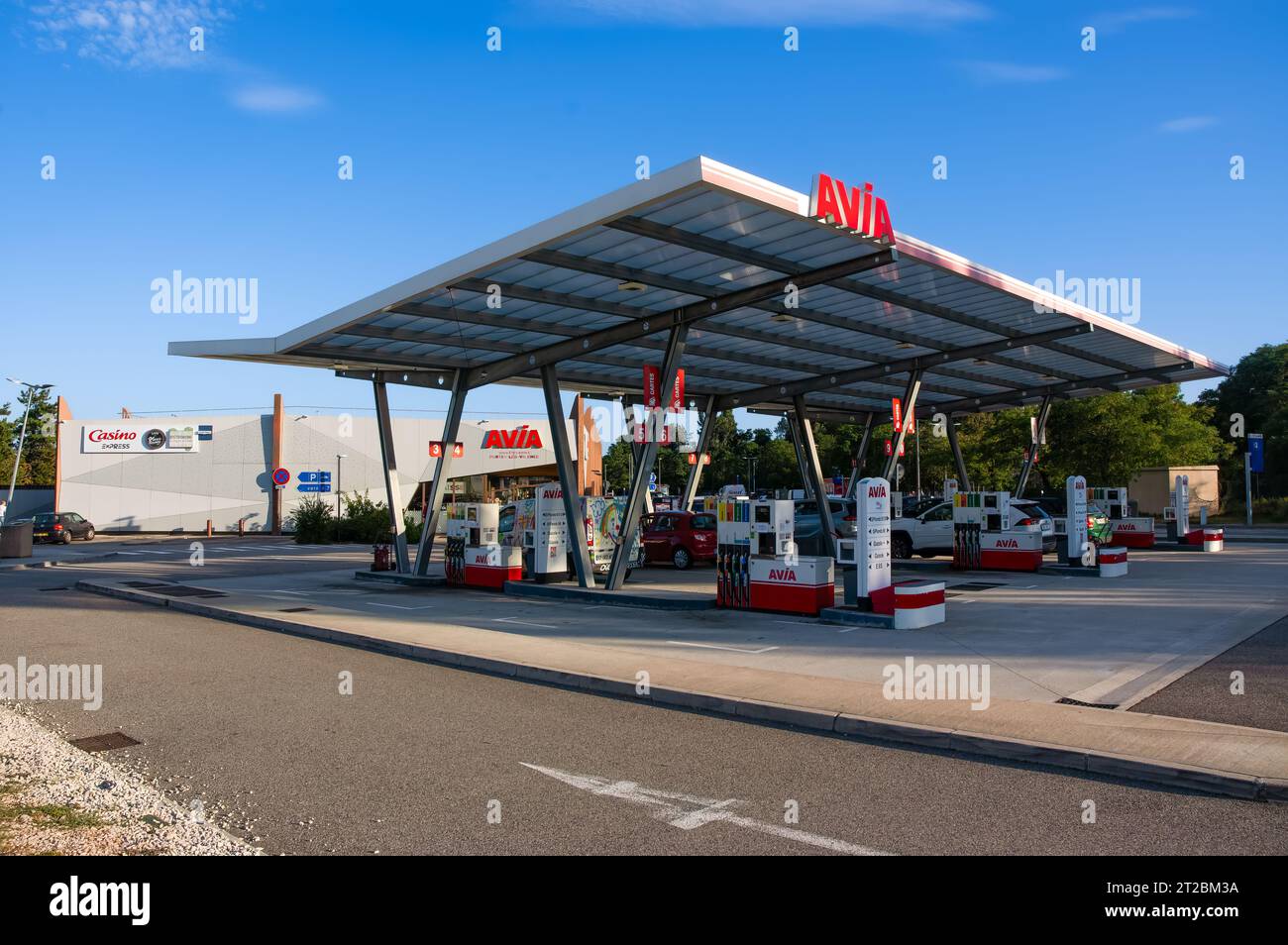 Valence, France - July 30, 2023: Service area and AVIA gas station Aire ...