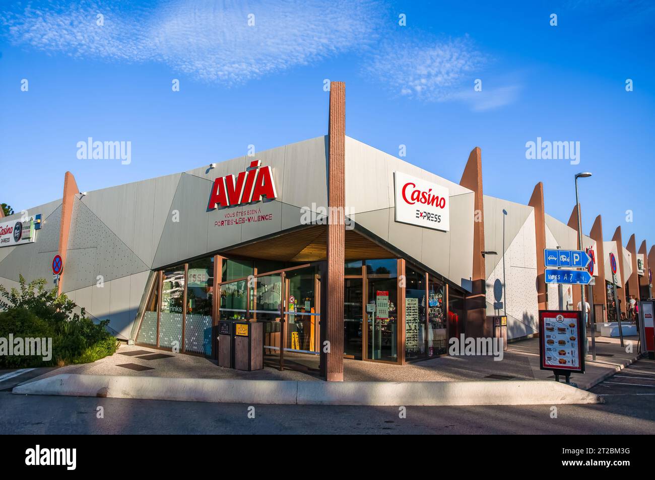 Valence, France - July 30, 2023: Service area and AVIA gas station Aire ...