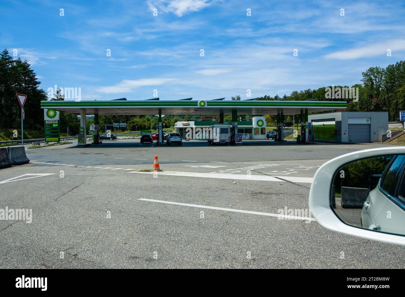 Lully, Switzerland - July 30, 2023: Service area Rose de la Broye with ...