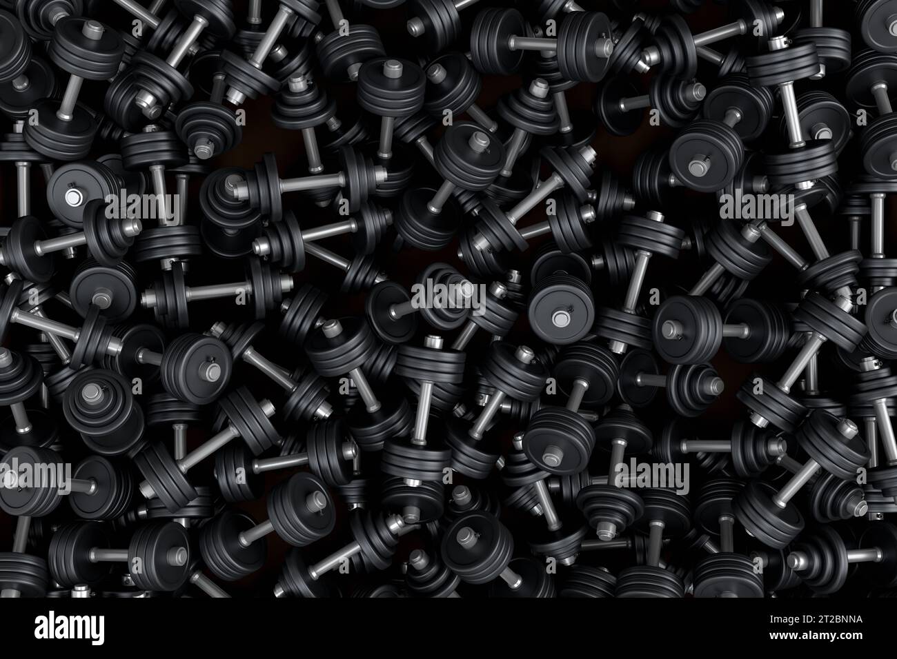 Pile of sport equipment like barbell and dumbbell on black background ...
