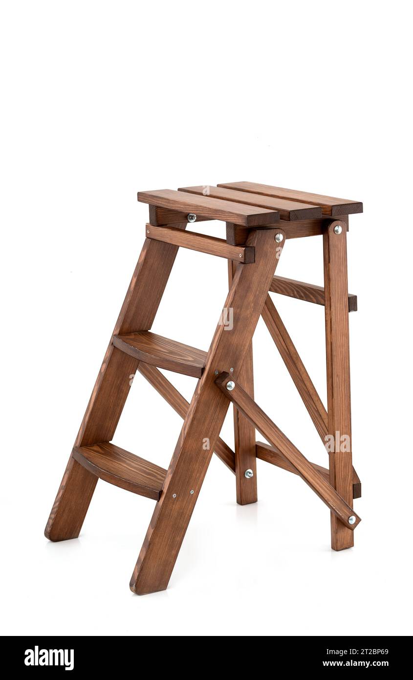 Small old-style decorative folding wooden ladder isolated on white ...