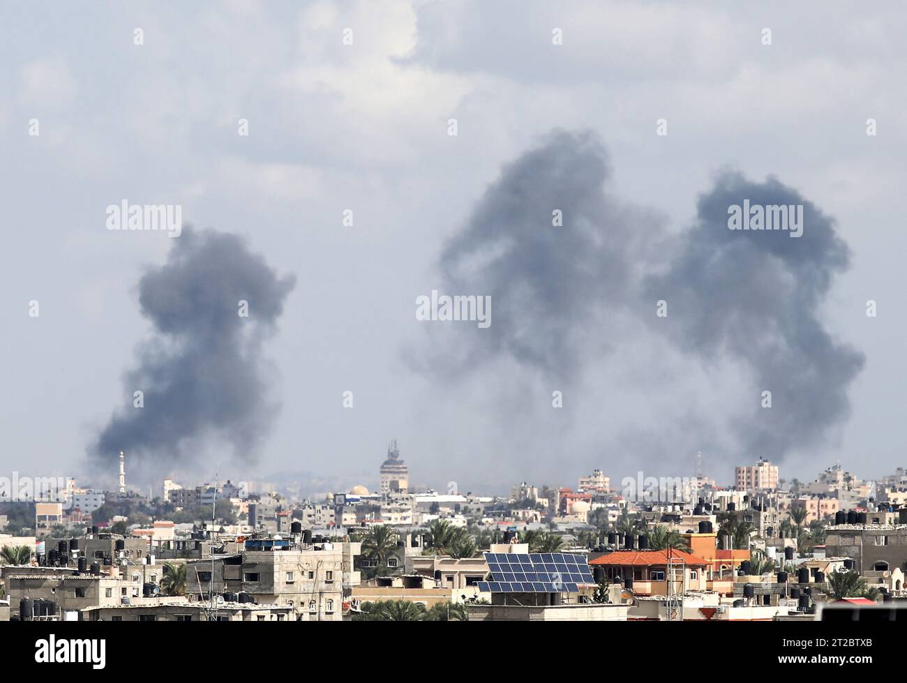 Rafah, Gaza. 17th Oct, 2023. Smoke plumes billow after an explosion ...