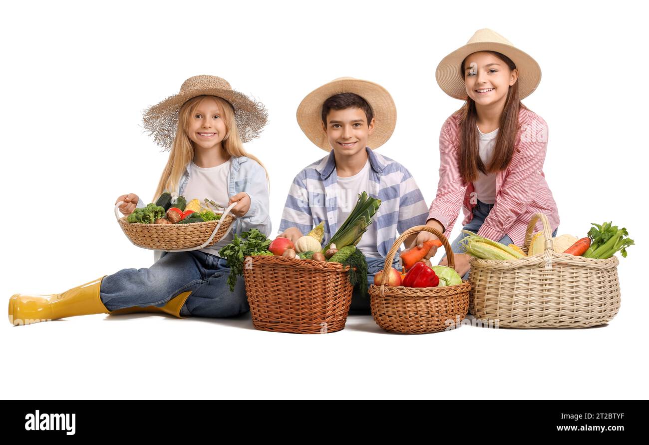 Little farmers with fresh food sitting on white background Stock Photo ...