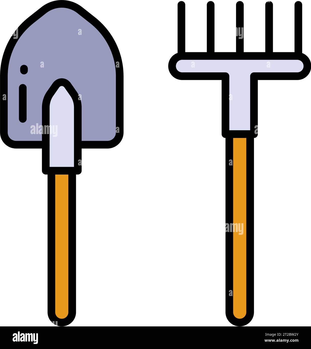 A set of gardening tools. Farm tools color icons. Element of rakes and ...