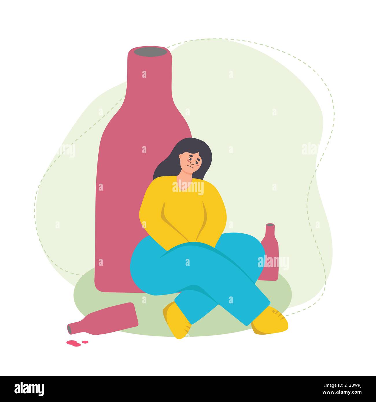 Female alcoholism. Sad girl with depression and a bottle of wine. Bad ...