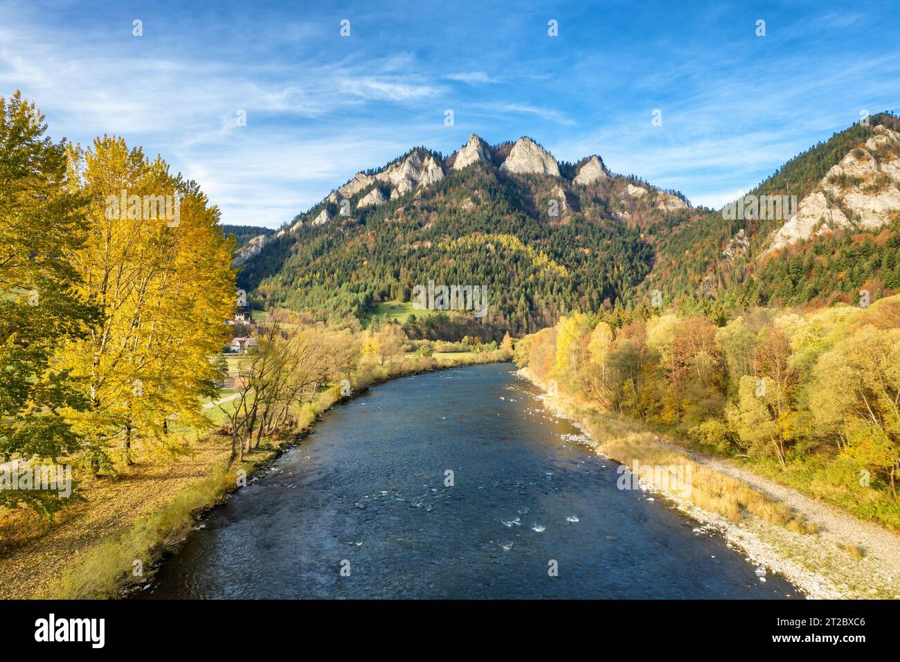 Aerial view of Trzy Korony mountain in Pieniny, Poland, during autumn ...