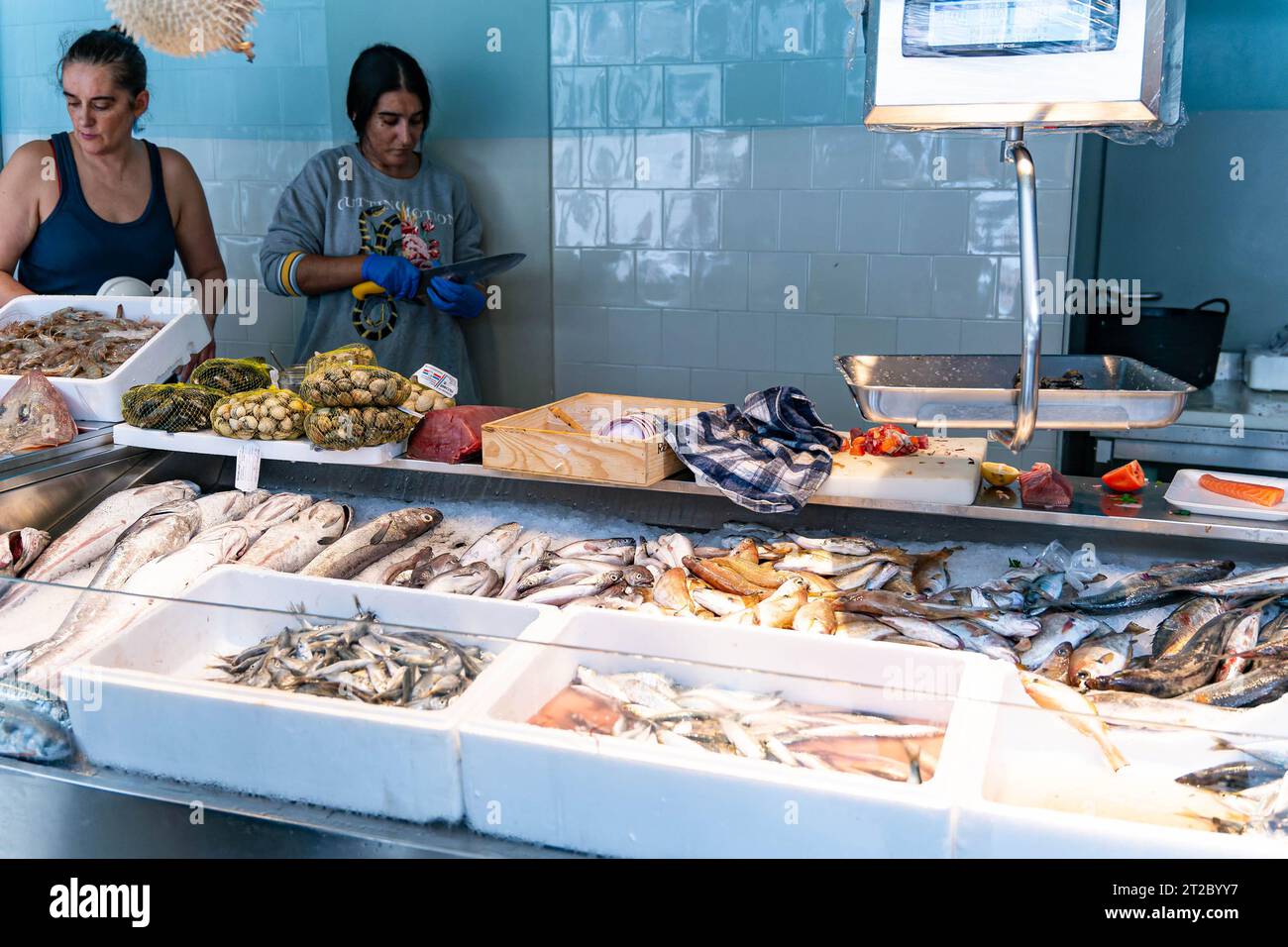 Seafood and produce display at a local market in Porto, Portugal Stock ...