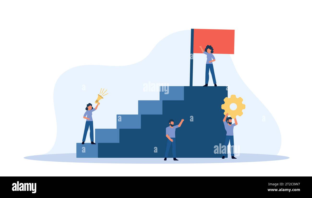 Group of diverse people stand on a staircase, holding gears and a red ...