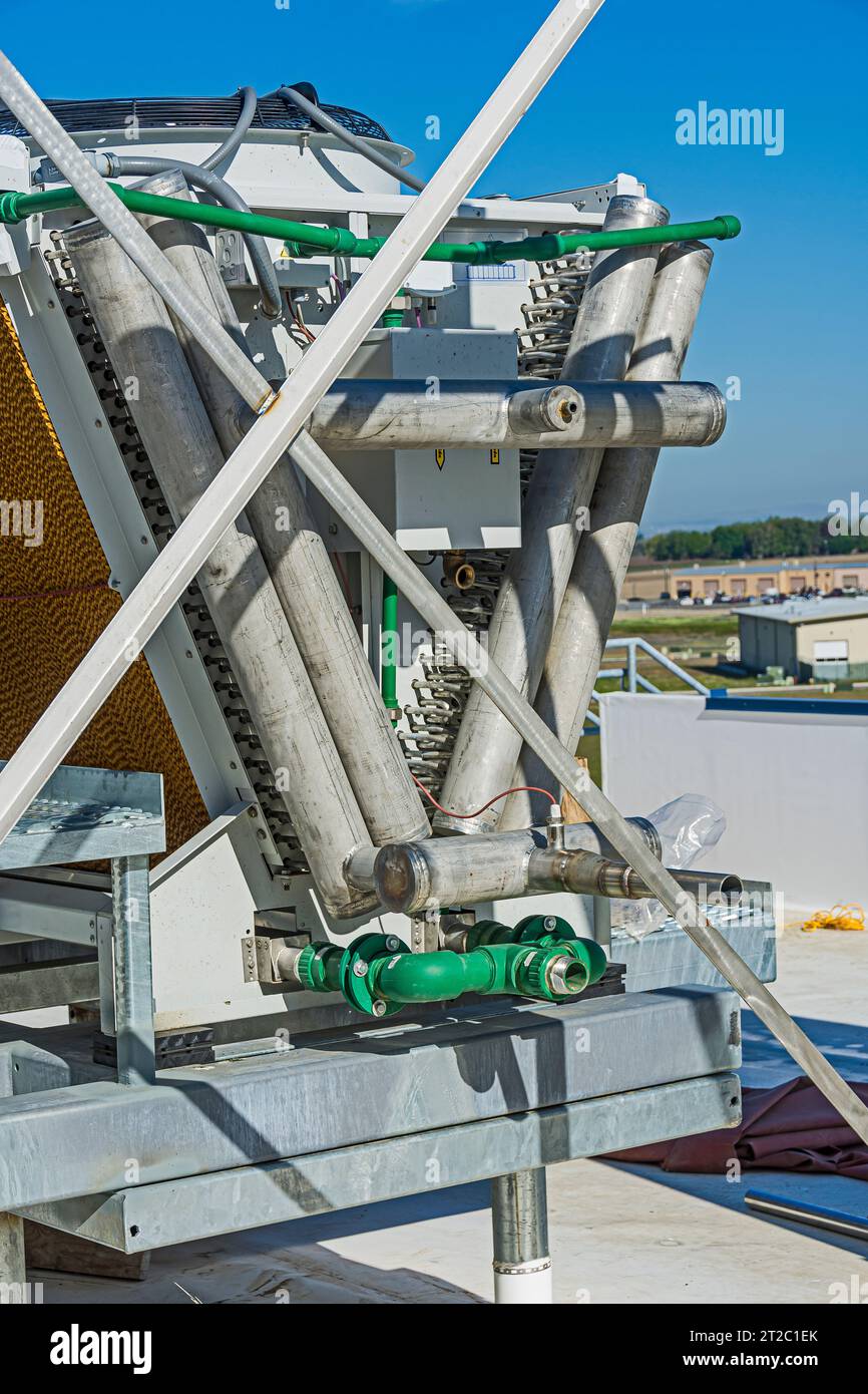 One end of an adiabatic condenser on the roof at a CO2 cold-storage ...