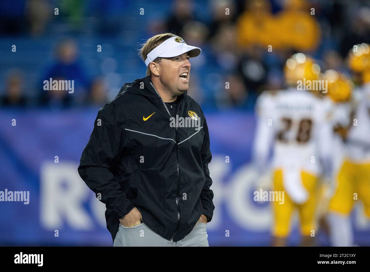 Missouri head coach Eliah Drinkwitz yells during pregame of an NCAA ...