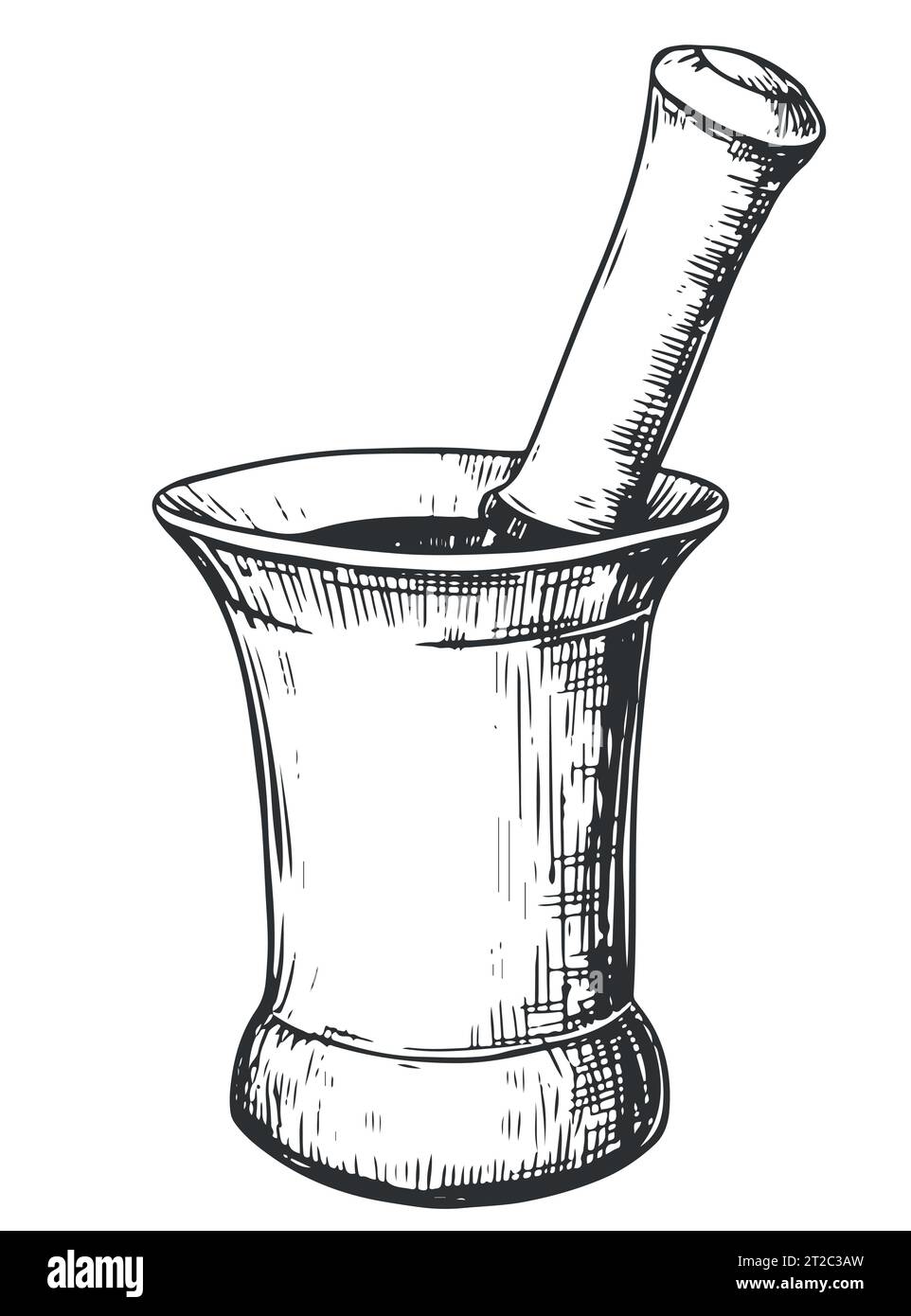 Copper mortar for grinding herbs on a white background. Hand drawn ...