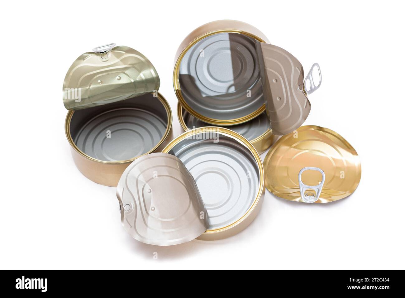 Three Opened Empty Tin Cans with Broken Cover Isolated on White ...