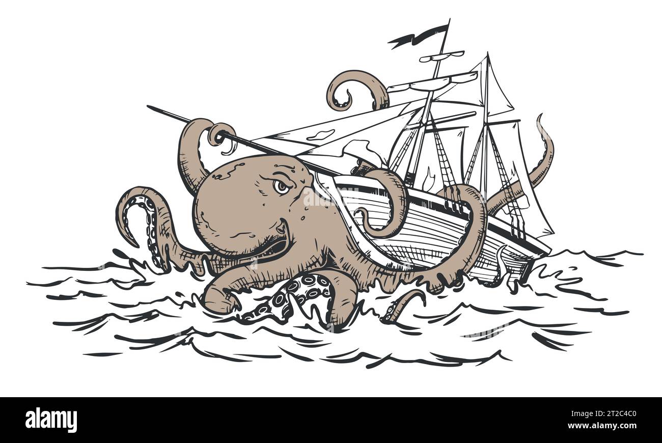 A mythical monster from the dark depths attacks the ship. The octopus wraps its tentacles around ...