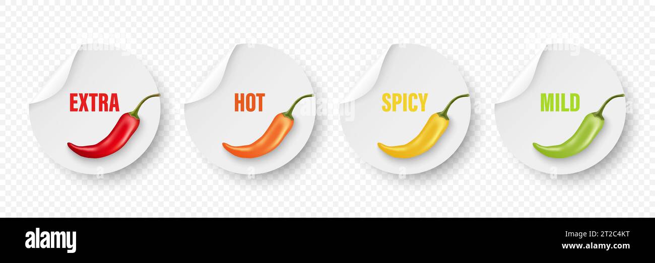 Realistic Vector Round Stickers with Spicy Chili Pepper Levels. Red ...