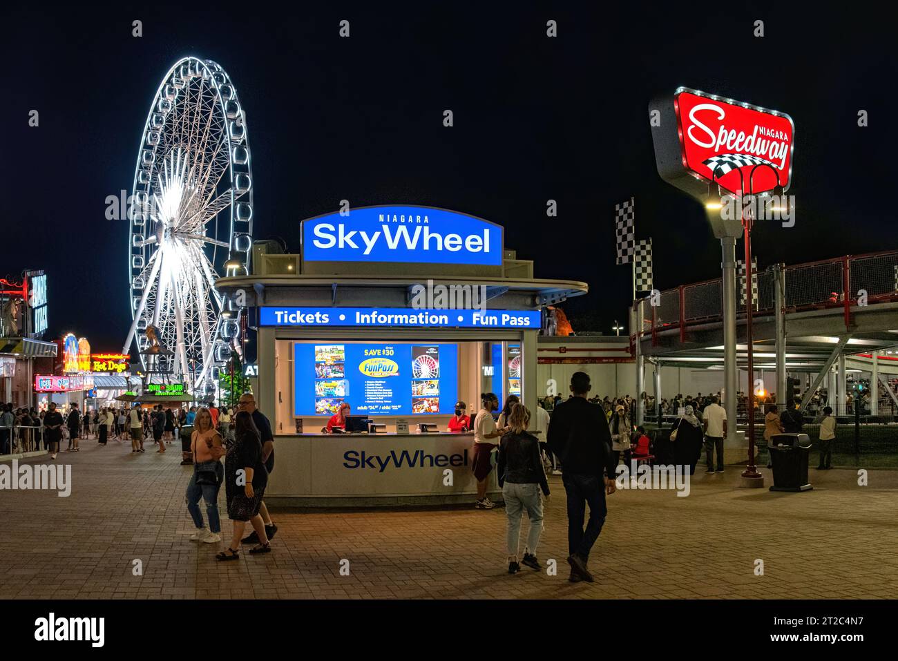 Niagara Falls, Canada - August 13, 2022: Entrance to the SkyWheel and Niagara Speedway, the ...