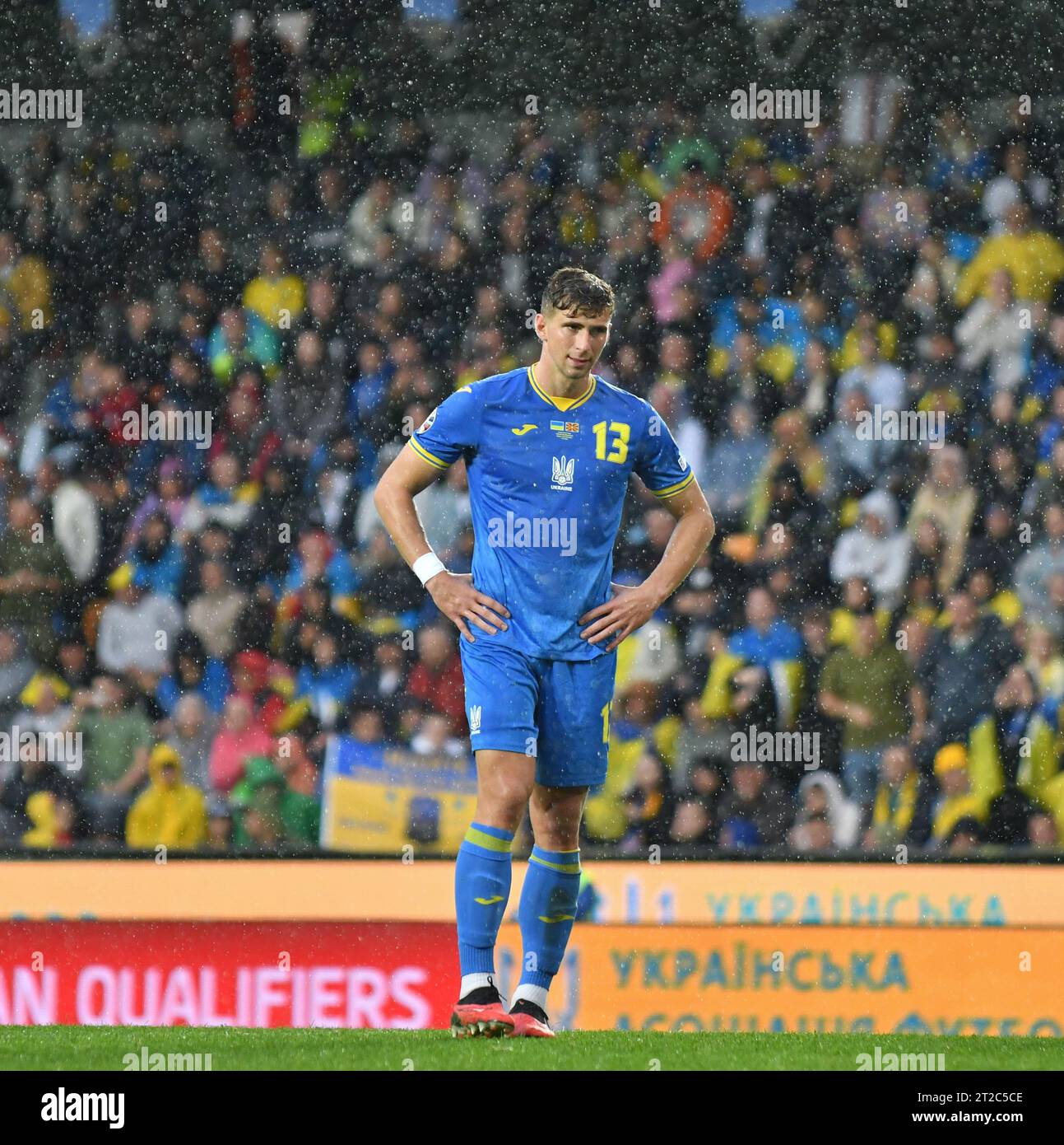 Prague, Czechia - October 14, 2023: Illia Zabarnyi of Ukraine in action during the UEFA EURO ...