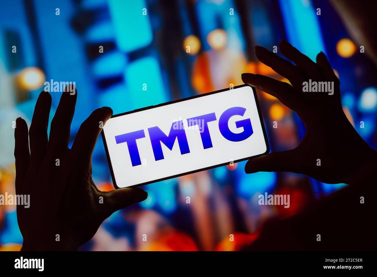 In this photo illustration, the Trump Media and Technology Group (TMTG) logo is displayed on a ...