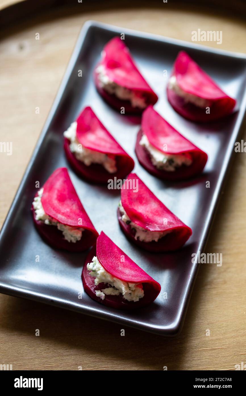 Christmas canapes with pickled beetroot and goat cheese Stock Photo - Alamy
