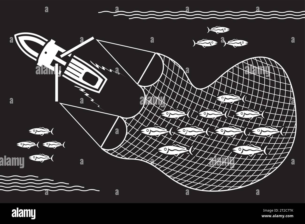 Fishing boat takes fishnet in the sea – vector illustration Stock ...