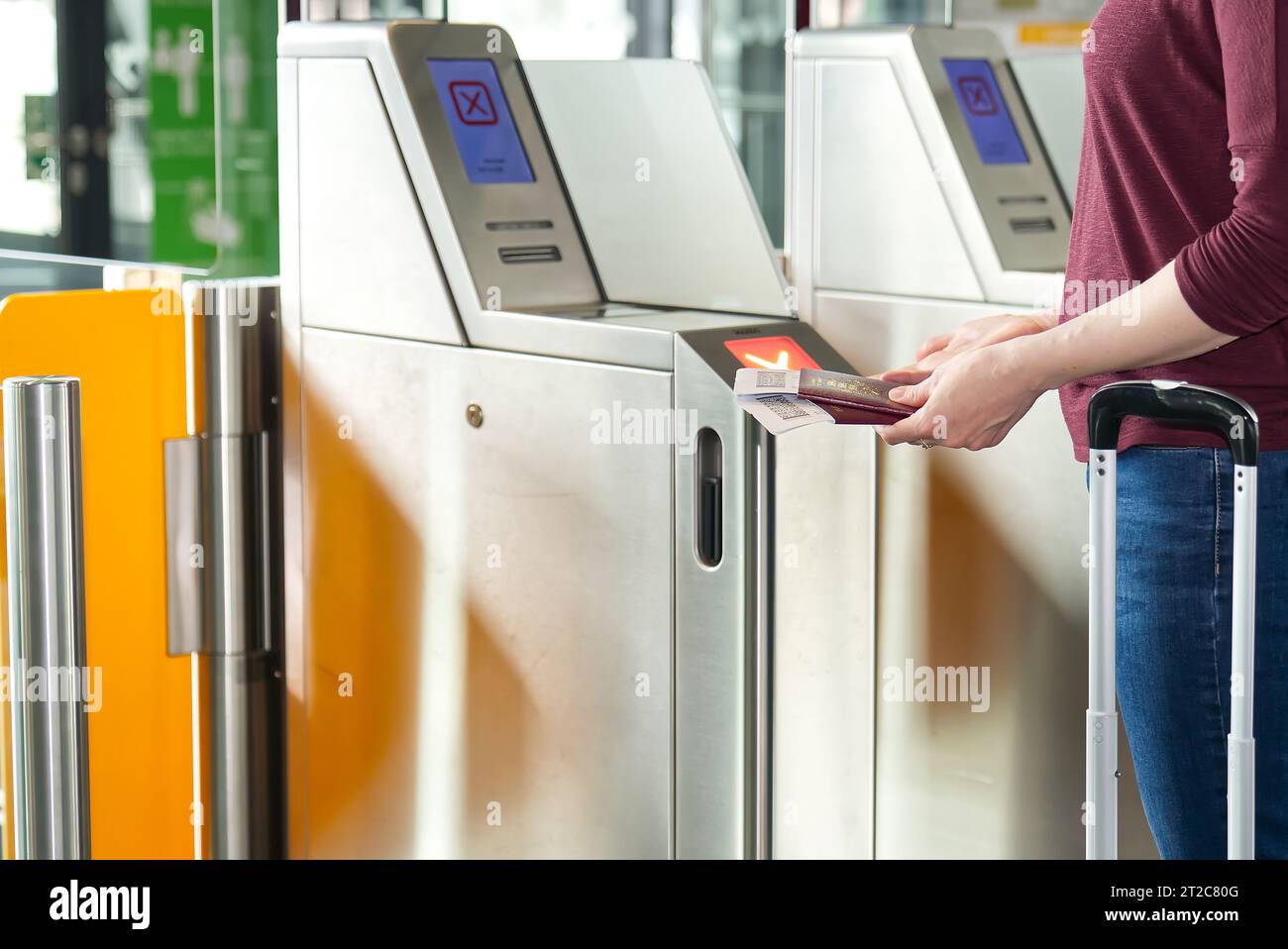 Passenger Safely Checking Passport at Automated Gate at the Airport ...