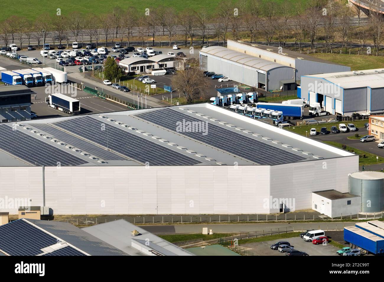 Aerial view of goods warehouses and logistics center in industrial city ...