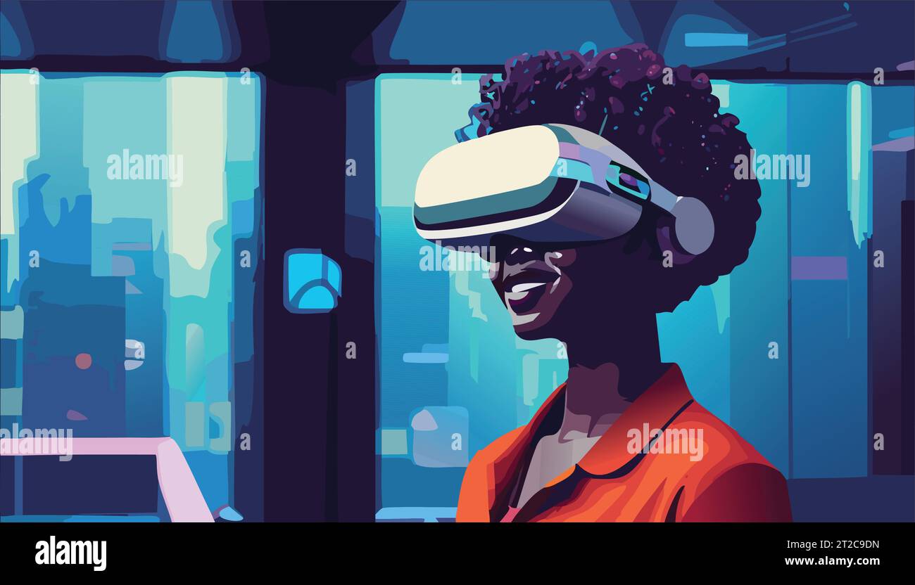 Metaverse Digital Virtual Reality Technology of a woman with glasses and a headset VR connected ...