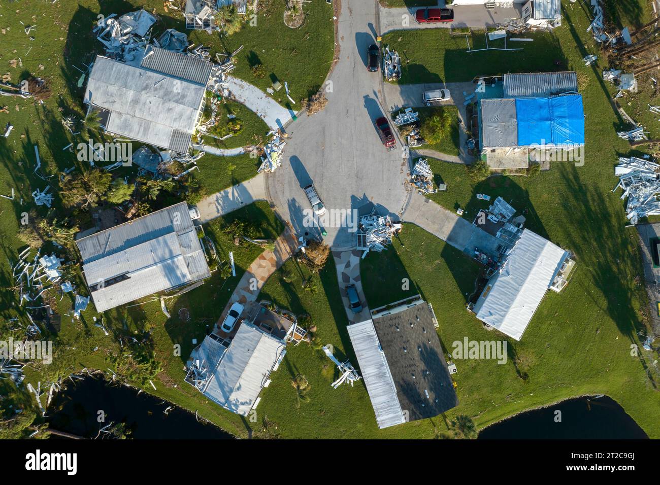Aerial view of natural disaster consequences. Severely damaged by ...