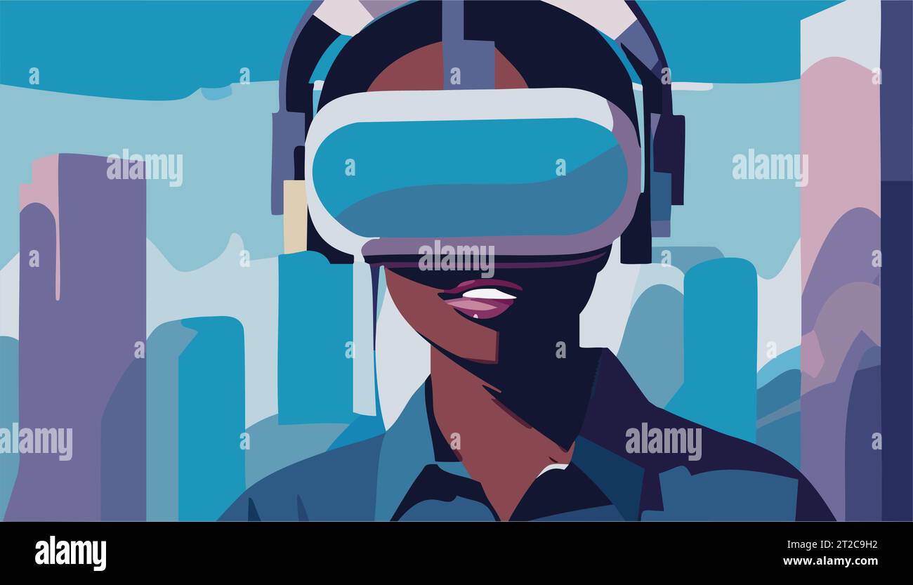 Metaverse Digital Virtual Reality Technology of a woman with glasses and a headset VR connected ...