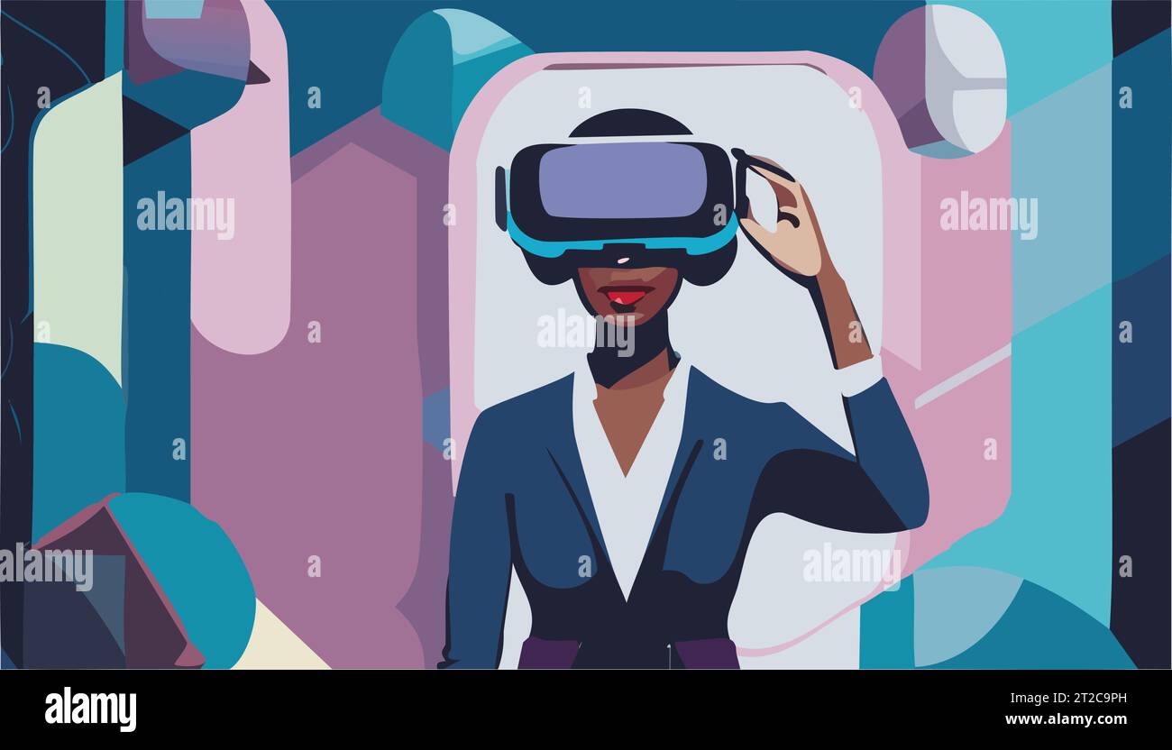 Metaverse Digital Virtual Reality Technology of a woman with glasses and a headset VR connected ...