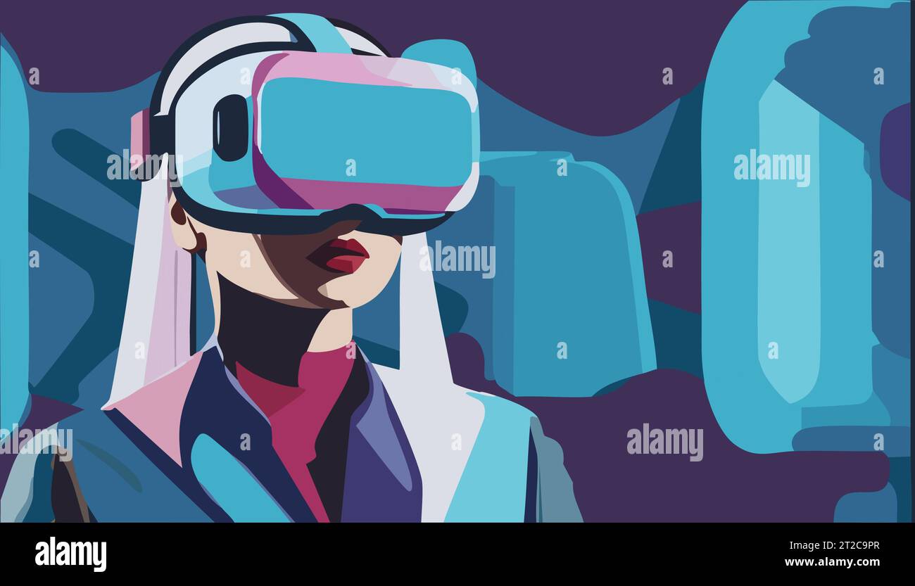 Metaverse Digital Virtual Reality Technology of a woman with glasses and a headset VR connected ...