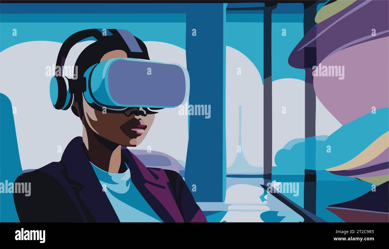 Metaverse Digital Virtual Reality Technology of a woman with glasses and a headset VR connected ...