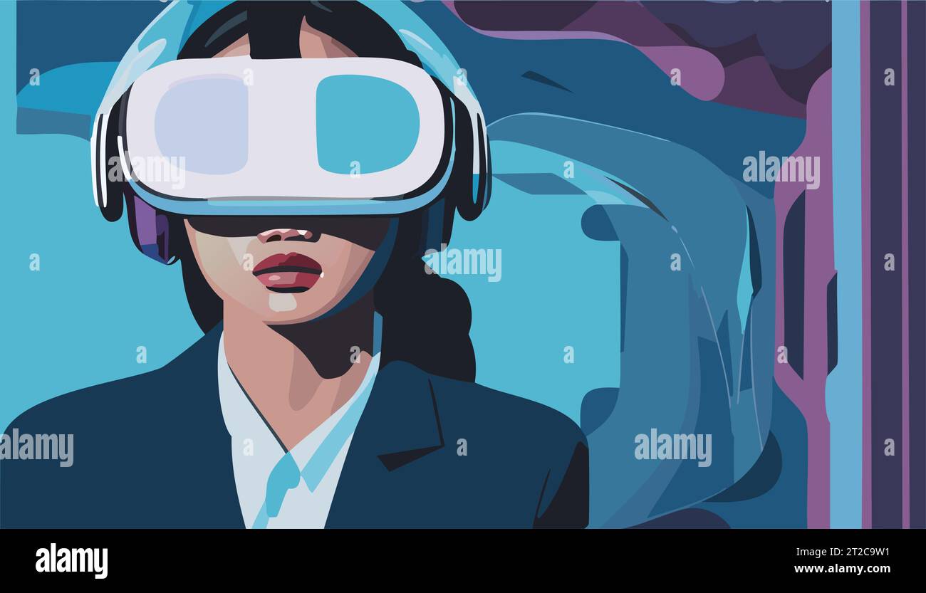 Metaverse Digital Virtual Reality Technology of a woman with glasses and a headset VR connected ...