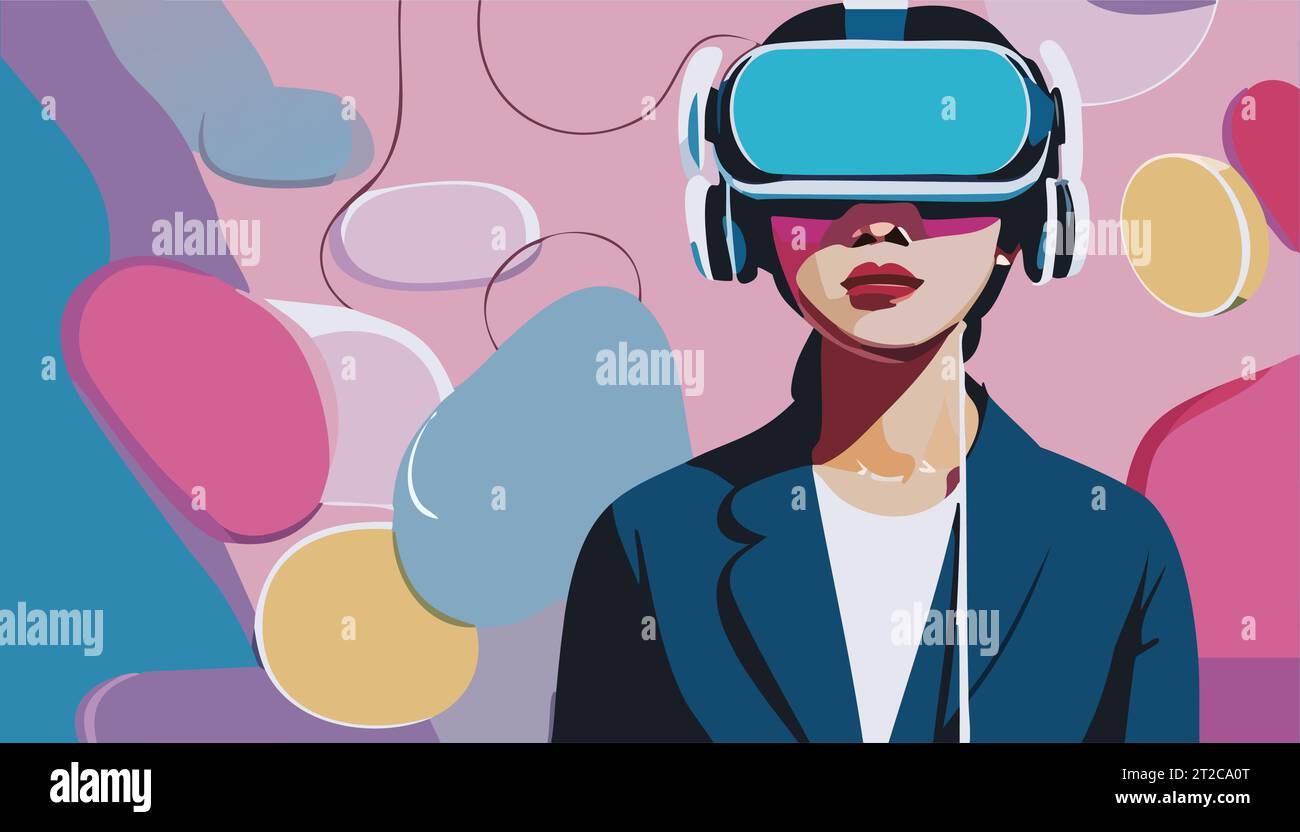 Metaverse Digital Virtual Reality Technology of a woman with glasses and a headset VR connected ...
