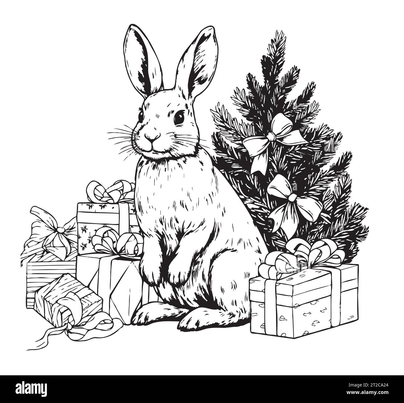 Rabbit baby with gifts New Year clipart sketch hand drawn Vector Stock ...