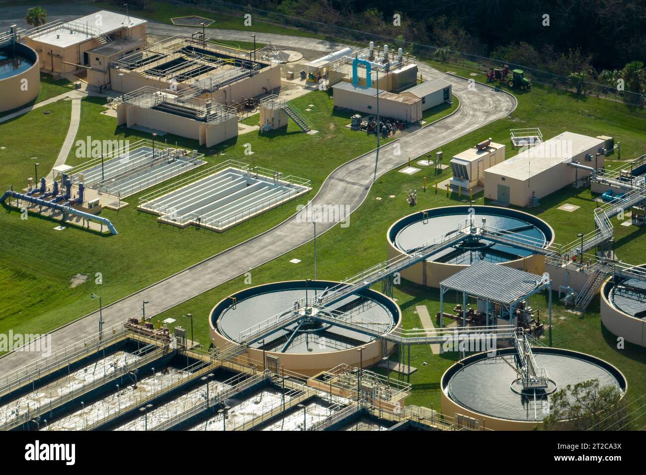 Aerial view of water treatment factory at city wastewater cleaning ...