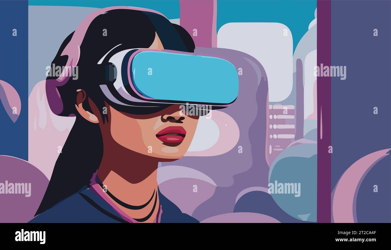 Metaverse Digital Virtual Reality Technology of a woman with glasses ...