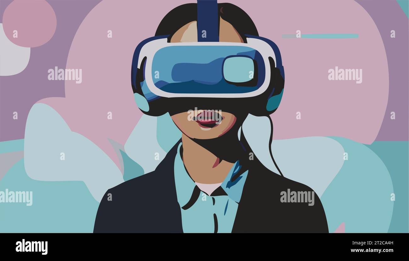 Metaverse Digital Virtual Reality Technology of a woman with glasses and a headset VR connected ...