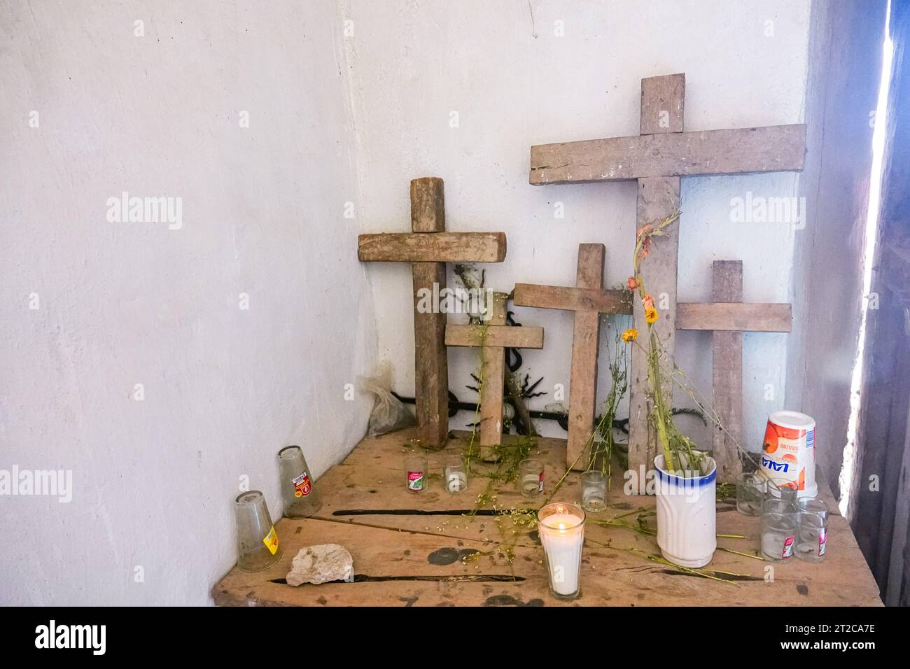 Primitive wood crosses used in ceremonies inside the tiny Los Guerrero ...