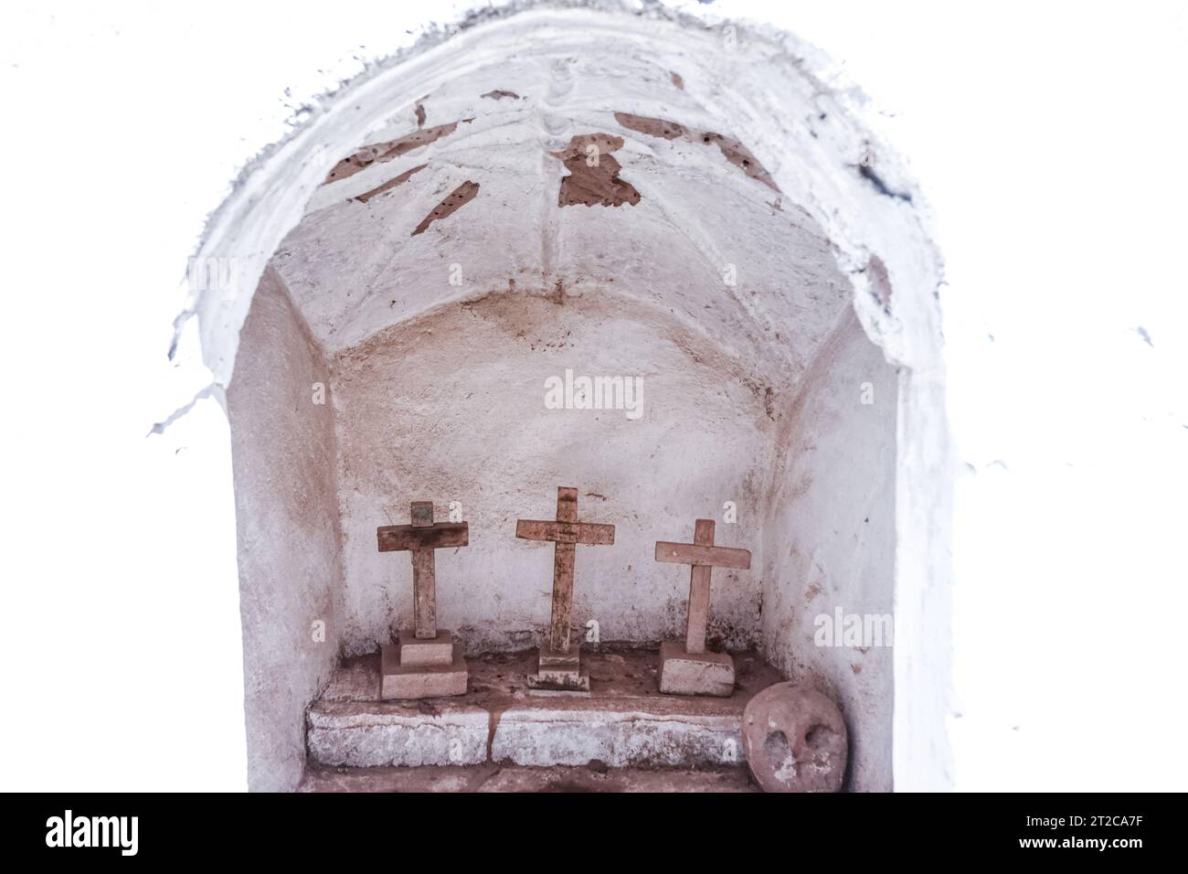 Primitive wood crosses used in ceremonies inside the tiny Los Guerrero ...