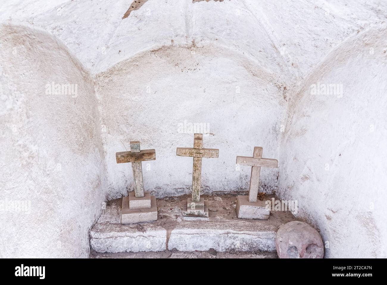 Primitive wood crosses used in ceremonies inside the tiny Los Guerrero ...
