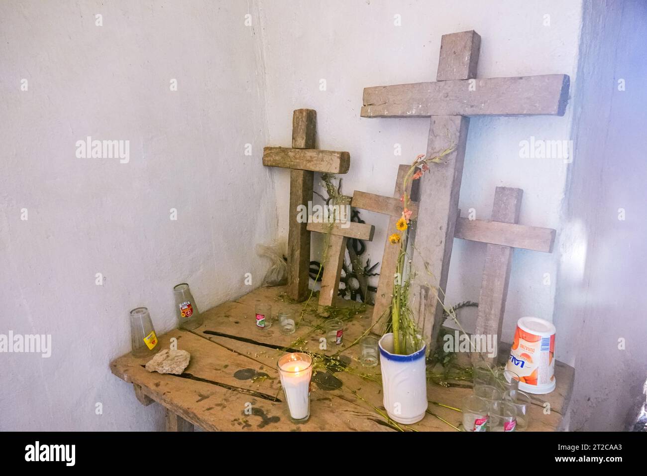 Primitive wood crosses used in ceremonies inside the tiny Los Guerrero ...