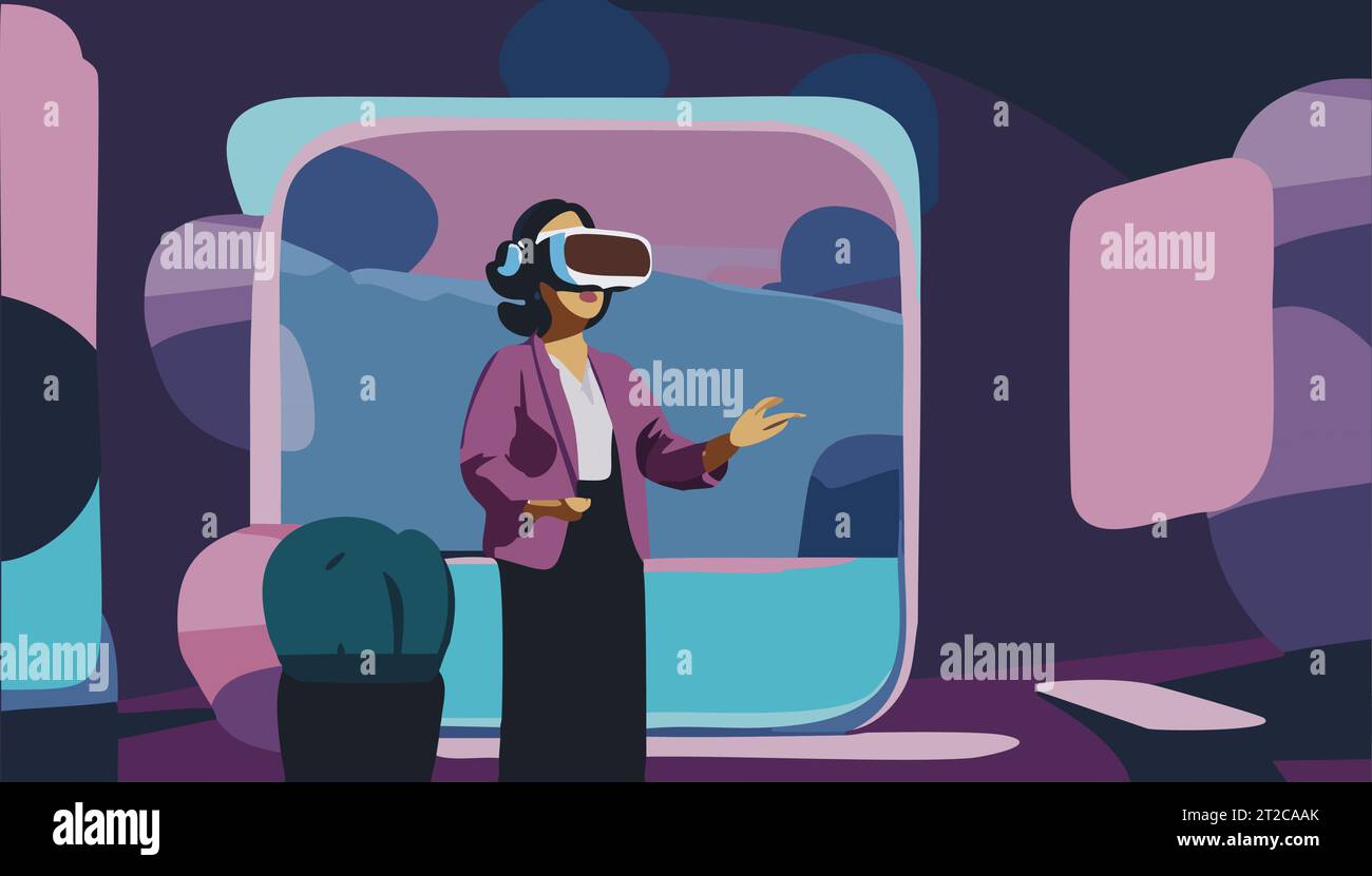 Metaverse Digital Virtual Reality Technology of a woman with glasses and a headset VR connected ...