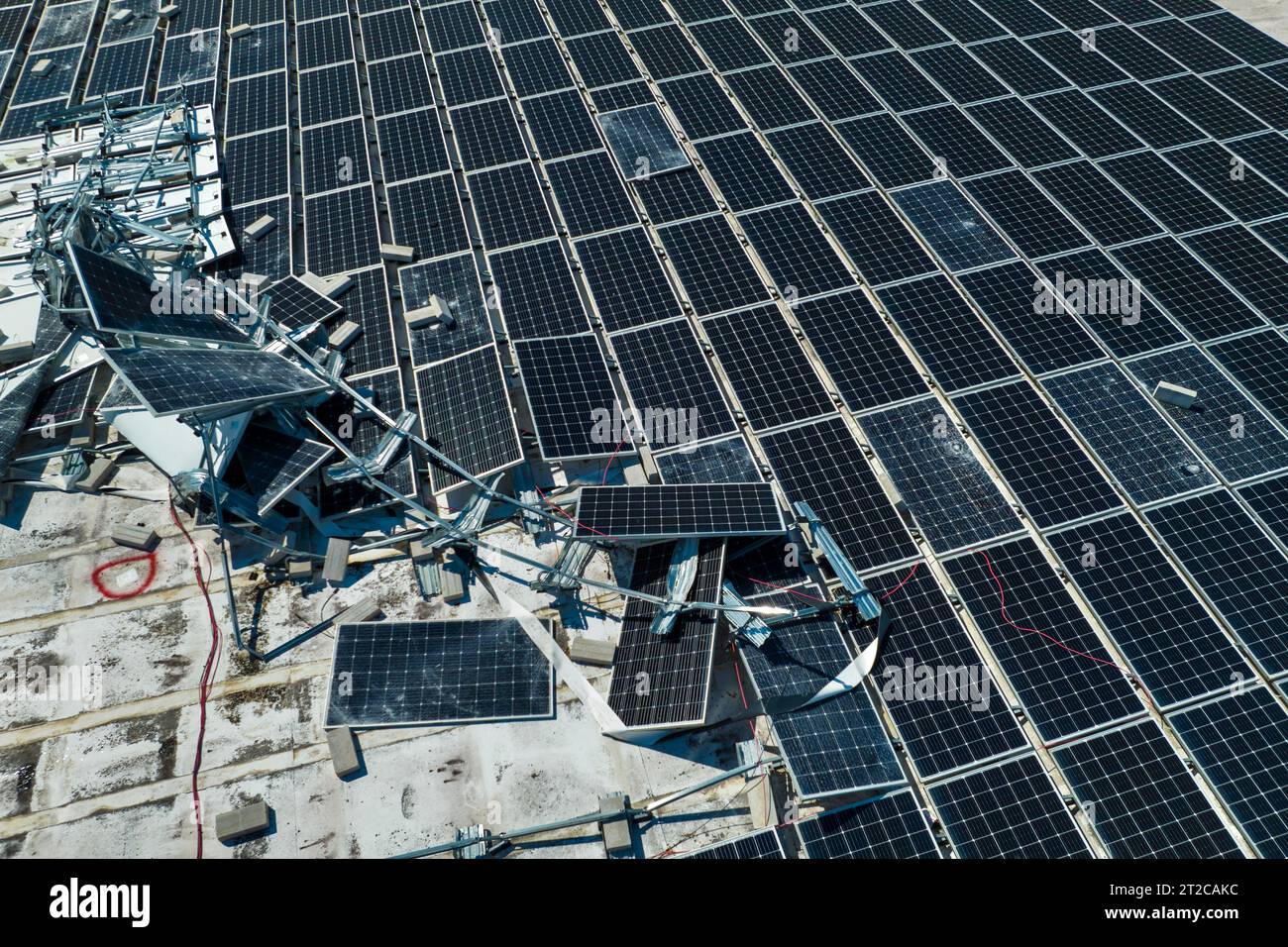 Broken down photovoltaic solar panels destroyed by hurricane Ian winds ...