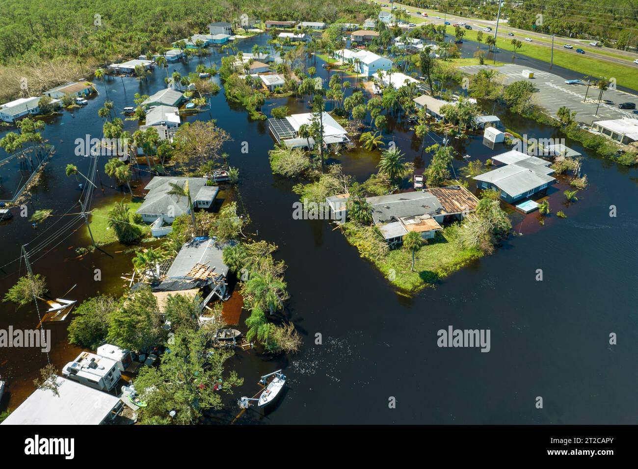 Consequences of natural disaster. Heavy flood with high water ...