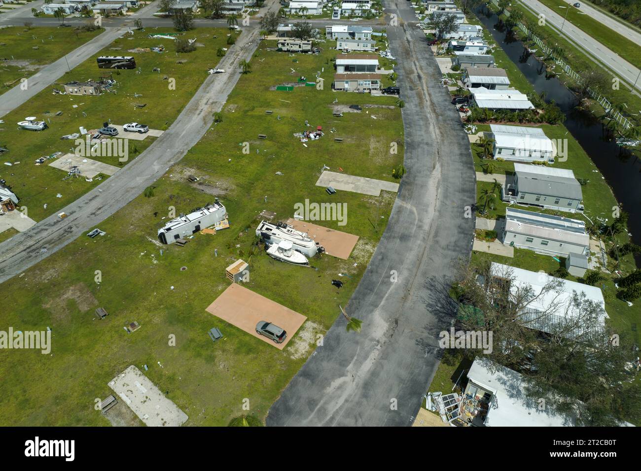Destroyed RV camper vans and and mobile homes after hurricane in ...