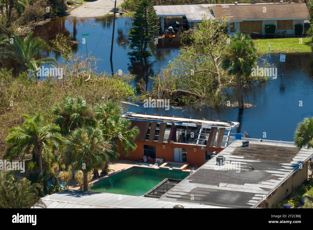 Flooded houses by hurricane rainfall in Florida residential area ...